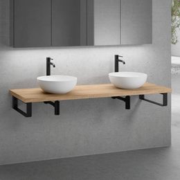 neoro n50 Massivholz-Konsolenplatte B: 160 cm, eiche mit 2 Waschtischen &Oslash; 40 cm wei&szlig; matt,, 2#BN0064WM+BN0405W1+2#BN000005+BN000002,