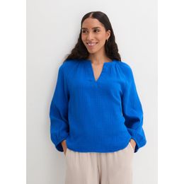 bonprix Damen Shirtbluse "Oversize-Bluse aus Musselin", blau, Gr. 46, unifarben, Web, Obermaterial: 100% Baumwolle, Blusen, Oversize-Passform, mit