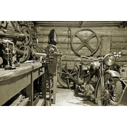Fototapete papermoon "Motorradgarage", bunt, B:4,5m L:2,8m, Vlies, Tapeten