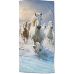 Strandtuch Good Morning "Wild and Free", hell blau, B:75cm L:150cm, Velours, Mikrofaser, Handt&uuml;cher, Kinder Strandtuch, Mikrofaser, Velours, saugf&auml;hig, weich, Pferde