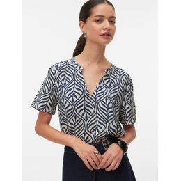 V&eacute;ro Moda Shirtbluse VERO MODA "VMJOSIE SS V-NECK GATHERING TOP WVN GA", Damen, Gr. S, birch aop:navy blazer bonnie, Web, Obermaterial: 83% Viskose, 17% Nylon, bedruckt, regular fit normal, V-Ausschnitt, Blusen, Viskosemischung, regular fit