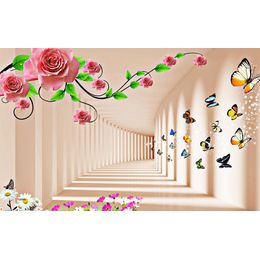 Fototapete papermoon "Muster mit Blumen und Schmetterlingen", bunt, B:4m L:2,6m, Vlies, Tapeten