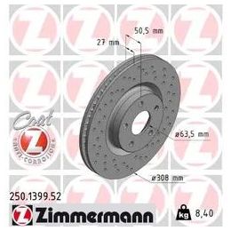 Zimmermann Bremsscheibe 250.1399.52 vorne rechts links Gelocht 308mm f&uuml;r FORD 2305506 JX61-1125-BEB
