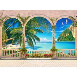 Fototapete papermoon "STRAND-PALMEN SONNENUNTERGANG MEER KARIBIK INSEL PALME", bunt, B:3,5m L:2,6m, Vlies, Tapeten