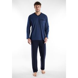 G&ouml;tzburg G&Ouml;TZBURG Herren Schlafanzug "Volos", Gr. 48, blau, Obermaterial: 100% Baumwolle, Homewear-Sets, Langarm, V-Ausschnitt, lange Hose, Baumwolle,