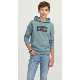 Jack & Jones Kapuzensweatshirt JACK & JONES JUNIOR "JJCOLE PRINT SWEAT HOOD JNR", Jungen, Gr. 128, blau (mineral blau), angeraute Sweatware, Obermaterial: 60% Baumwolle, 40% Polyester, bedruckt, unifarben mit Farbeinsatz, regular fit normal, Rippb&uuml;ndchen, Sweatshirts, mit Logoprint