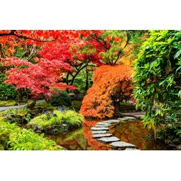 Fototapete papermoon "JAPANISCHER GARTEN-BLUMEN B&Auml;UME SEE NATUR HERBST WALD", bunt, B:4m L:2,6m, Vlies, Tapeten