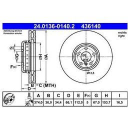 ATE Bremsscheibe 24.0136-0140.2 vorne rechts bel&uuml;ftet 374mm f&uuml;r BMW 34106875284 34106880078