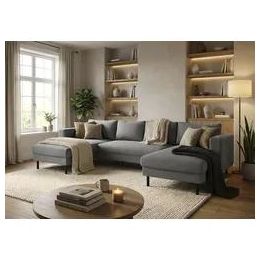Wohnlandschaft Trendmanufaktur "Amazing II, wahlw. mit Schlaffunktion & Bettkasten, Fu&szlig; schwarz", anthrazit, B:305cm H:81cm T:161cm, Sofas, Wohnlandschaft, Sofa in U-Form, in Cord, Struktur LEO o. Struktur LINO, Breite 305 cm