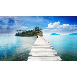 Fototapete papermoon "HOLZ-BR&Uuml;CKE-AGIOS SOSTIS INSEL PIER STEG MEER SEE WALD", bunt, B:4m L:2,6m, Vlies, Tapeten