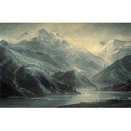 Fototapete papermoon "BERGE-NATUR LANDSCHAFT WALD SEE GEBIRGE VINTAGE TAPETE", bunt, B:4,5m L:2,8m, Vlies, Tapeten