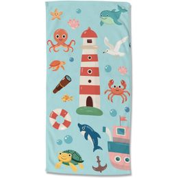 Strandtuch Good Morning "Sailor", t&uuml;rkis, B:75cm L:150cm, Velours, Mikrofaser, Handt&uuml;cher, Kinder Strandtuch, Mikrofaser, Velours, saugf&auml;hig, weich, Leuchtturm