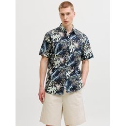 Jack & Jones Kurzarmhemd JACK & JONES "JJHONOLULU AOP SHIRT SS", Herren, Gr. S, N-Gr, schwarz, Web, Obermaterial: 100% Baumwolle, gemustert, regular fit, Hemden