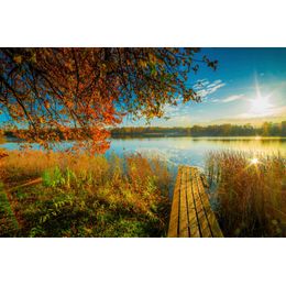 Fototapete papermoon "SEE-LANDSCHAFT-STEG WALD WALD MEER STRAND BOOTE SONNE", bunt, B:4,5m L:2,8m, Vlies, Tapeten
