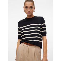 V&eacute;ro Moda Kurzarmpullover VERO MODA "VMSABA PLAIN, Feinstrickpullover", Damen, Gr. S, schwarz (schwarz stripes:w birch), Feinstrick, Obermaterial: 50% Viskose, 28% Polyester, 22% Nylon, gestreift, regular fit normal, Rundhals, Pullover, im Regular Fit aus pflegeleichtem Materialmix mit Viskose