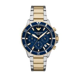 Chronograph Emporio Armani "WORLD EXPLORER", gelbgoldfarben, edelstahlfarben, blau, Armbanduhren, Herren, Chronograph, Armbanduhr, Solar, Herrenuhr, Edelstahlarmband, analog, Tag