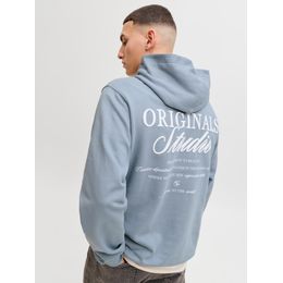 Jack & Jones Kapuzensweatshirt JACK & JONES "JORNORREBRO TYPO BACK SWEAT HOOD SN", Herren, Gr. S, tradewinds detail:ss26, angeraute Sweatware, Obermaterial: 89% Baumwolle, 11% Polyester, bedruckt, relaxed fit normal, ohne Ausschnitt, Rippb&uuml;ndchen, Sweatshirts, mit Print