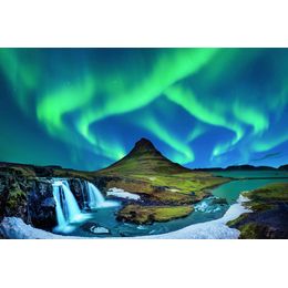 Fototapete papermoon "KIRKJUFELL-NORDLICHT ISLAND GEBIRGE WASSERFALL FLUSS", bunt, B:5m L:2,8m, Vlies, Tapeten