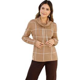 Damen Rollkragenpullover mit Jacquard-Karo camel-ecru-gemustert, Gr&ouml;&szlig;e 46
