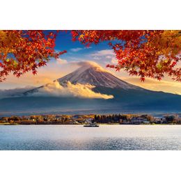 Fototapete papermoon "FUJI BERG-JAPAN GEBIRGE WALD SEE WOLKEN SONNE VULKAN", bunt, B:4m L:2,6m, Vlies, Tapeten