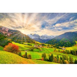 Fototapete papermoon "SANTA MADDALENA-BERG DORF DOLOMITEN WIESE BLUMEN ALPEN", bunt, B:5m L:2,8m, Vlies, Tapeten