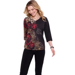 Damen Druckbluse mit Leo- und Bl&uuml;ten-Print schwarz-rot-bedruckt, Gr&ouml;&szlig;e 38