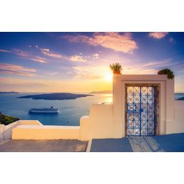 Fototapete papermoon "TERRASSE-SANTORINI SEE MEER STRAND PALMEN D&Uuml;NEN SCHIFFE", bunt, B:5m L:2,8m, Vlies, Tapeten
