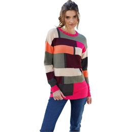 Damen Longpullover mit Colour Blocking-Muster khaki-pink-gemustert, Gr&ouml;&szlig;e 52