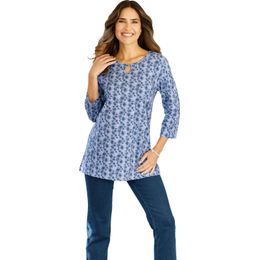 Damen Longshirt mit Tropfen-Ausschnitt taubenblau-dunkelblau-bedruckt, Gr&ouml;&szlig;e 38