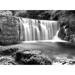 Fototapete papermoon "Wasserfall im Wald Schwarz & Wei&szlig;", schwarz (schwarz, wei&szlig;), B:4,5m L:2,8m, Vlies, Tapeten