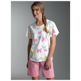 Schlafanzug TRIGEMA "TRIGEMA Pyjama mit Allover-Druck "Schmetterlinge", Damen, Gr. XXL, wei&szlig;, Single Jersey, 100% Baumwolle, Rundhals, Homewear-Sets Schlafanzug