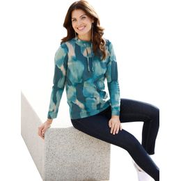 Damen Stehkragenshirt mit Bindeband ozean-petrol-bedruckt, Gr&ouml;&szlig;e 38