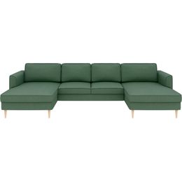 Wohnlandschaft Home Affaire "Booster, whlw. mit Schlaffunktion & Bettkasten, Fu&szlig; Buche lackiert", gr&uuml;n (dunkelgr&uuml;n), B:305cm H:83cm T:161cm, 100% Polyester, Sofas, Wohnlandschaft, Sofa in U-Form, Breite 305 cm, in Cord oder Struktur