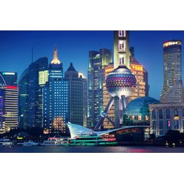 Fototapete papermoon "SHANGHAI-STADT CHINA SKYLINE BR&Uuml;CKEN UFER FLUSS STRAND", bunt, B:5m L:2,8m, Vlies, Tapeten