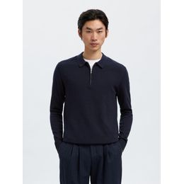 Selected Herren Polokragenpullover "SLHBERG LS HALF ZIP POLO NOOS", blau, Gr. S, meliert, Strick, Obermaterial: 100% Baumwolle, Pullover