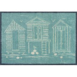 Fu&szlig;matte TURTLE MAT "Beach Huts Blue", blau, B:60cm H:9mm L:85cm, Obermaterial: 85% Baumwolle, 15% Viskose, Teppiche, Fu&szlig;matte
