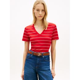 T-Shirt Tommy Hilfiger "SLIM CODY V-NECK SHORT SLEEVE", Damen, Gr. XL (46), fine stp fireworks, calico, Jersey, Obermaterial: 100% Baumwolle, gestreift, schmal normal, tiefer V-Ausschnitt, abgesteppte Kante, Shirts T-Shirt, aus Baumwolle, Logostickerei, gestreift