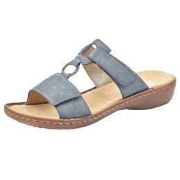 Pantolette Rieker, Damen, Gr. 42, blau (jeansblau), Lederimitat, unifarben, Schuhe Pantolette, Keilabsatz, Sommerschuh, Schlappen mit Schmuckring, Topseller