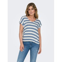 Only Damen V-Shirt "ONLLIRA LIFE S/S V-NECK TOP JRS NOOS", wei&szlig;, Gr. L, gestreift, Jersey, Obermaterial: 95% Viskose, 5% Elasthan, Shirts