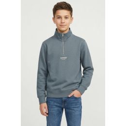 Jack & Jones Sweatshirt JACK & JONES JUNIOR "JJESOHO SWEAT QUARTER ZIP HN NOOS JNR", Jungen, Gr. 140, blau mirage, angeraute Sweatware, Obermaterial: 80% Baumwolle, 20% Polyester, bedruckt, relaxed fit normal, hoch geschlossener Ausschnitt, Rippb&uuml;ndchen, Sweatshirts Sweatshirt