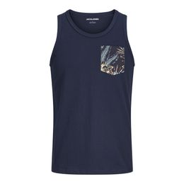 Jack & Jones Muscleshirt JACK & JONES JUNIOR "JJHONOLULU POCKET AOP TANKTOP SL JNR", Jungen, Gr. 152, navy blazer, Single Jersey, Obermaterial: 100% Baumwolle, unifarben mit Farbeinsatz, regular fit normal, Rundhals, Shirts, mit auff&auml;lliger Brusttasche