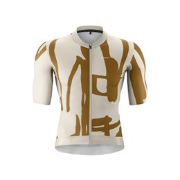 Radtrikot Gonso "Road Jersey Print M", Herren, Gr. S, beige (canyon), 86% Polyester, 14% Elasthan, Rundhals, Trikots, Herren Fahrradtrikot, modernes Trikot mit 3-teiliger R&uuml;ckentasche