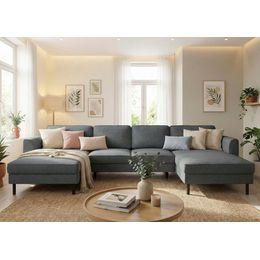 Wohnlandschaft Home Affaire "Booster II, whlw. mit Schlaffunktion & Bettkasten, Fu&szlig; schwarz", anthrazit, B:305cm H:83cm T:161cm, 92% Polyester, 5% Polyamid, Sofas, Wohnlandschaft, Sofa in U-Form, Breite 305 cm, in Cord oder Struktur LEO o. LINO