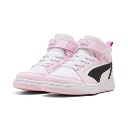 Sneaker Puma "REBOUND V6 MID AC+ PS", Kinder, Gr. 28, Puma wei&szlig;, Puma schwarz, pearl pink, Synthetik, mehrfarbig, Schuhe Sneaker, mit leicht profilierter Gummilaufsohle, mit Klettverschluss