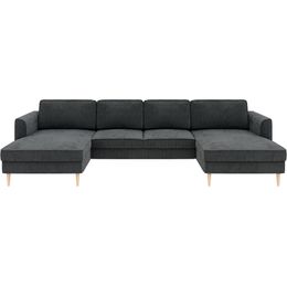 Wohnlandschaft Home Affaire "Booster, whlw. mit Schlaffunktion & Bettkasten, Fu&szlig; Buche lackiert", grau (dunkelgrau), B:305cm H:83cm T:161cm, 92% Polyester, 8% Polyamid, Sofas, Wohnlandschaft, Sofa in U-Form, Breite 305 cm, in Cord oder Struktur
