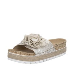 Pantolette Rieker, Damen, Gr. 42, beige, goldfarben, Lacklederimitat, Textil, Reptilienpr&auml;gung, metallic, Schuhe Pantolette, Sommerschuh, Schlappen mit modischem Plateau
