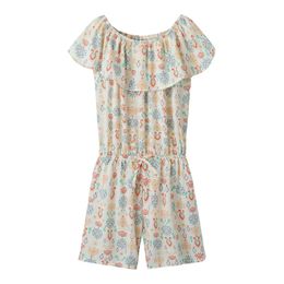 Kurzoverall name it "NKFVINAYA PLAYSUIT FFF", M&auml;dchen, Gr. 134, N-Gr, wei&szlig; alyssum aop:aztec inspirot, Web, Obermaterial: 98% Polyester, 2% Elasthan, bedruckt, regular fit kurz, Carmenausschnitt, Overalls Kurzoverall, Kunstfaser, elastischer Bund, Allover-Druck