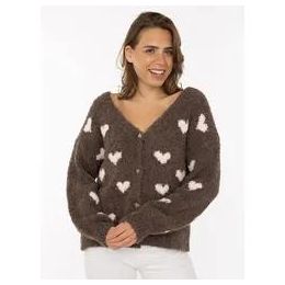 Cardigan Zwillingsherz "Herzen", Damen, braun, Strick, Obermaterial: 65% Polyacryl, 17% Polyamid, 9% Wolle, 9% Viskose, mehrfarbig, bequem h&uuml;ftbedeckend, V-Ausschnitt, Rippstrickb&uuml;ndchen, Strickjacken, mit Wollanteil, Herzen und Kn&ouml;pfen