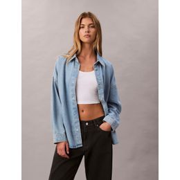 Hemdbluse Calvin Klein Jeans "RLXD LNN DNM SHRT AR", Damen, Gr. XXS (34), aaron indigo, Web, Obermaterial: 70% Baumwolle, 30% Leinen, unifarben, regular fit lang, Rundhals, eingesetzt Manschette mit Schlitz, Blusen Hemdbluse, Mit Rundhalsausschnitt