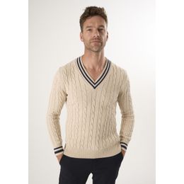 V-Ausschnitt-Pullover FELIX HARDY "Basic-Pullover mit V-Ausschnitt und Zopfmuster", Herren, Gr. L, beige, 100% Baumwolle, Pullover